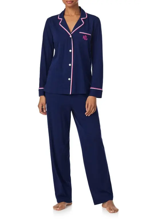 Ralph Lauren Piped Cotton Blend Pajamas - Navy