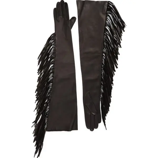 SEYMOURE Runway Fringe Long Leather Gloves - Black