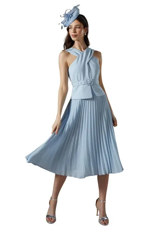 Coast Petite Cross Over Pleated Midi Dress - Light Blue
