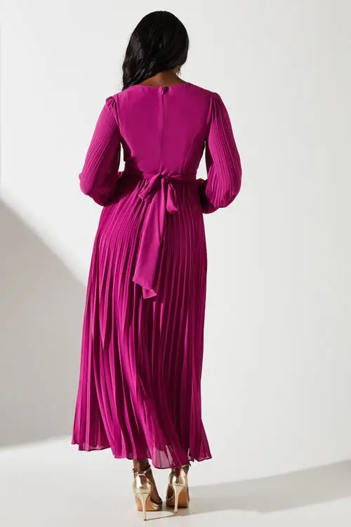 Coast Pleated Wrap Front Maxi Dress With Bishop Sleeves - Magenta