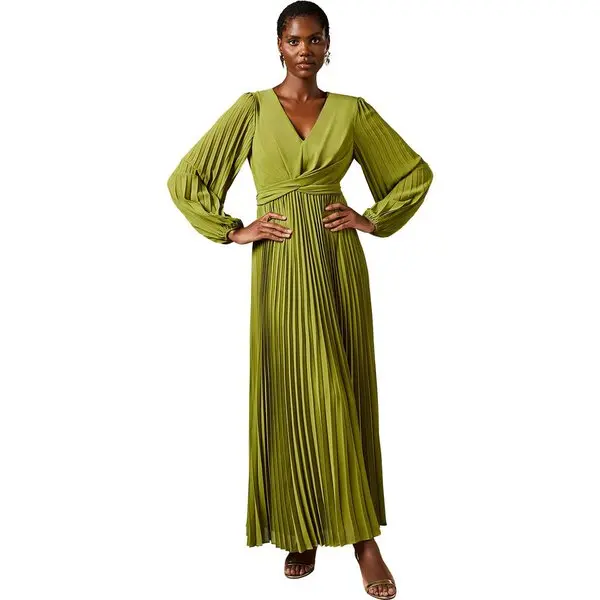 Coast Pleated Wrap Front Maxi Dress With Bishop Sleeves - Olive