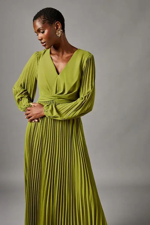 Coast Pleated Wrap Front Maxi Dress With Bishop Sleeves - Olive