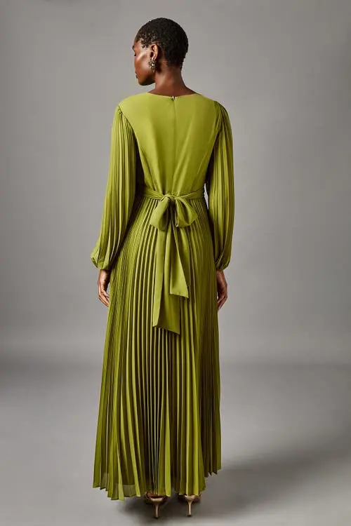 Coast Pleated Wrap Front Maxi Dress With Bishop Sleeves - Olive