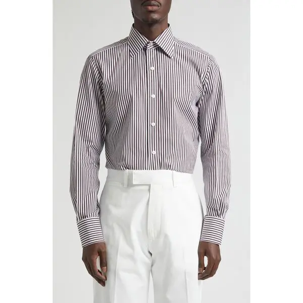 TOM FORD Slim Fit Ladder Stripe Button-up Shirt - White/brown