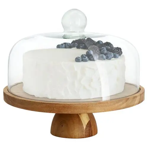MEGACHEF Wood Multi-function Cake Stand With Glass Dome Lid - Acacia