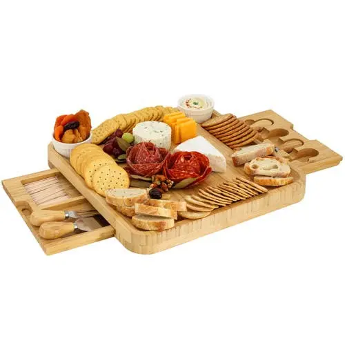 MEGACHEF Wood Charcuterie Cheese Board Set With Ramekins And Slide Out Cutlery Drawer - Bamboo