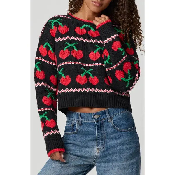 FLORENCE BY MILLS Cherry Print Crewneck Crop Sweater - Black