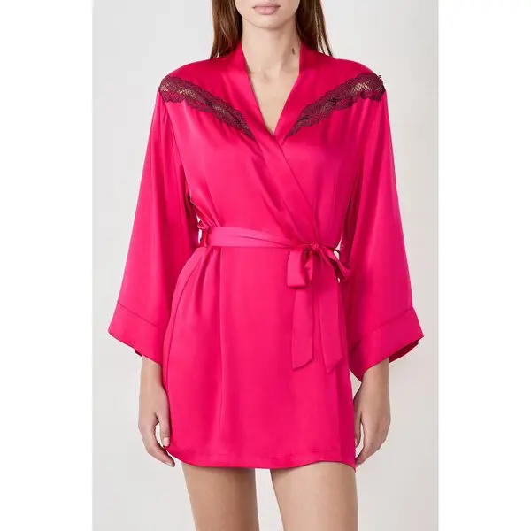 ETAM Attitude Deshabille Lace Trim Satin Robe - Petunia