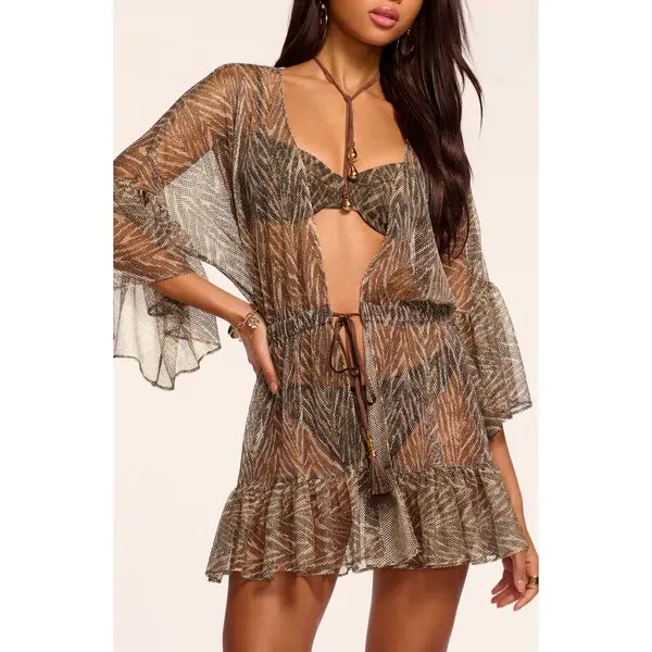 Ramy Brook Keira Metallic Long Sleeve Cover-up Minidress - Beach Brown Zebra