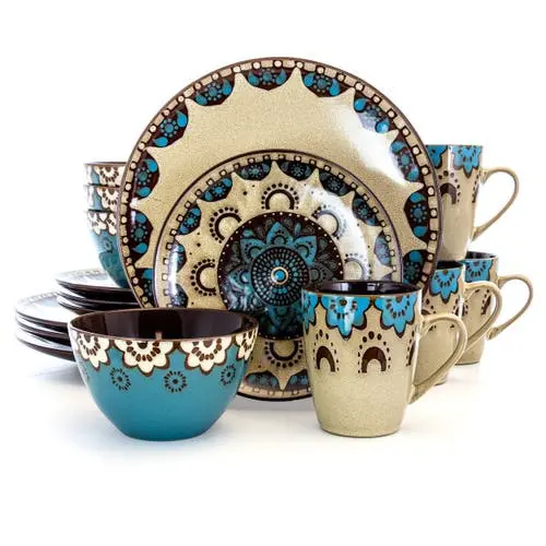 ELAMA Clay Heart 16 Piece Luxurious Stoneware Dinnerware With Complete Setting For 4 - Blue