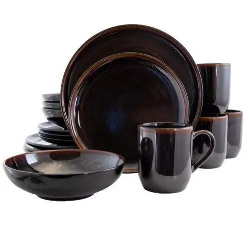 ELAMA Midnight Beach 16 Piece Dinnerware Set - Black