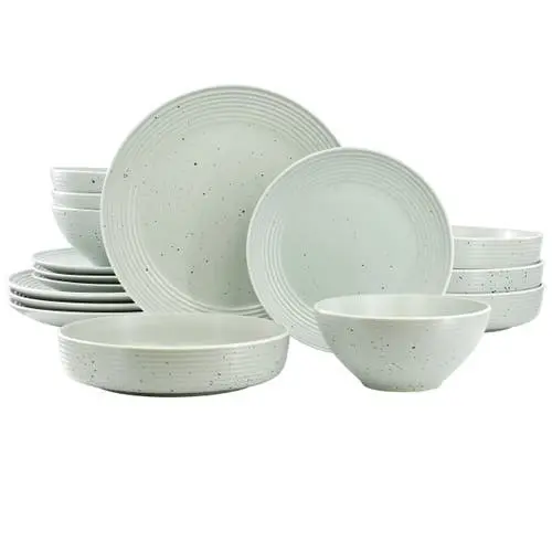 ELAMA Emilia 16 Piece Double Bowl Stoneware Dinnerware Set - White