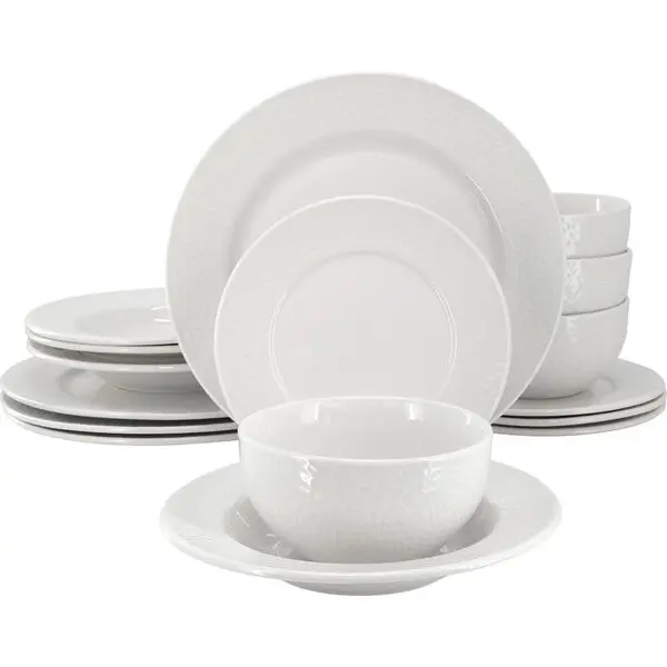 ELAMA Soyer 16 Piece Textu Design Double Bowl Porcelain Dinnerware Set - White