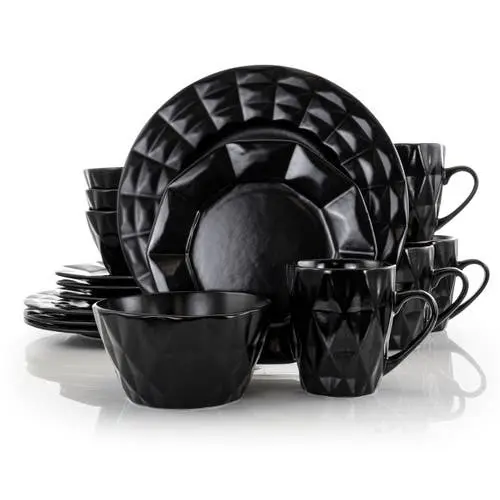 ELAMA Retro Chic 16-piece Glazed Dinnerware Set - Black