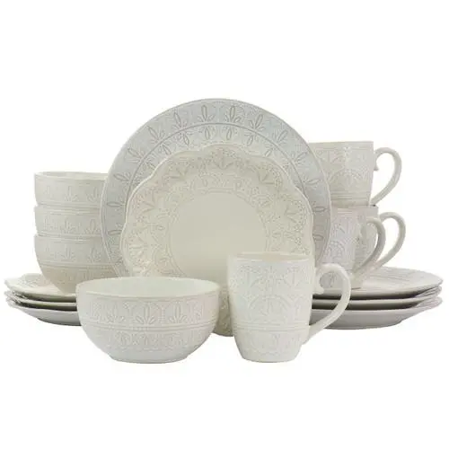 ELAMA Lace 16 Piece Luxurious Stoneware Dinnerware With Complete Setting For 4 - White