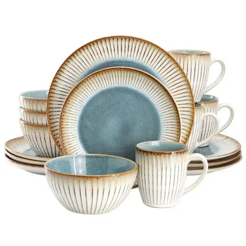ELAMA Louann 16 Piece Stoneware Dinnerware Set - Beige