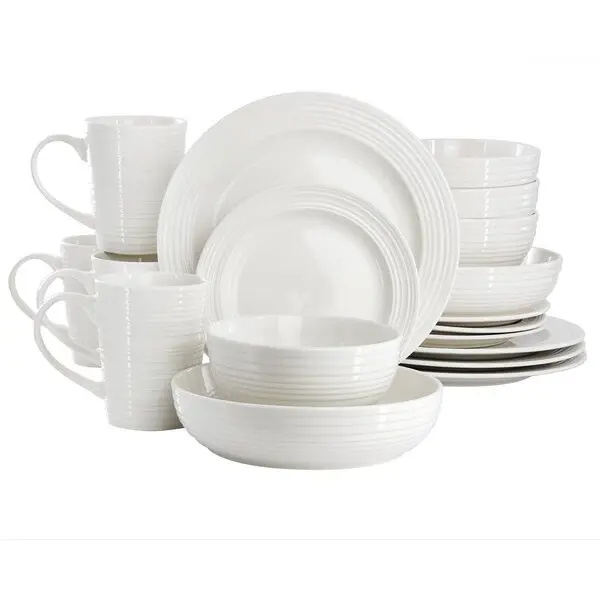 ELAMA Nikki 18 Piece Ribbed Porcelain Dinnerware And Serving Bowl Set - White