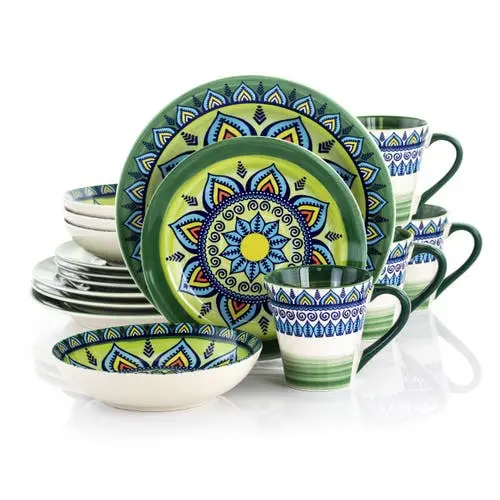 ELAMA Zen Mozaik 16 Piece Luxurious Stoneware Dinnerware With Complete Setting For 4 - Green