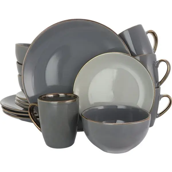 ELAMA Tahitian Grand 16 Piece Stoneware Dinnerware Set - Grey
