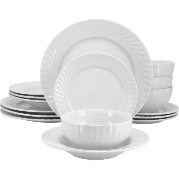 ELAMA Julia 16 Piece Scalloped Double Bowl Porcelain Dinnerware Set - White