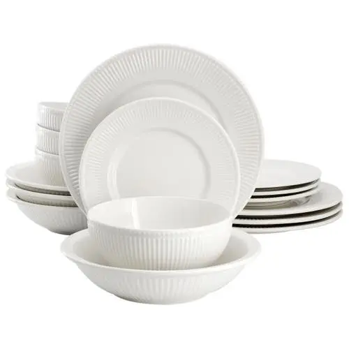 ELAMA Kate 16 Piece Textu Trim Double Bowl Porcelain Dinnerware Set - White