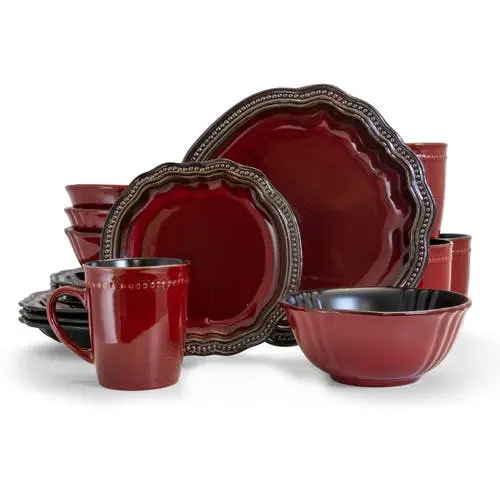 ELAMA Regency 16 Piece Luxurious Stoneware Dinnerware With Complete Setting For 4 - Black