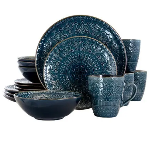 ELAMA Deep Sea Mozaic 16 Piece Luxurious Stoneware Dinnerware With Complete Setting For 4 - Blue