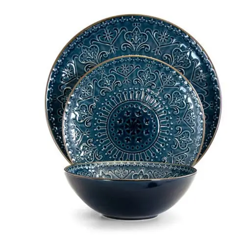 ELAMA Deep Sea Mozaic 16 Piece Luxurious Stoneware Dinnerware With Complete Setting For 4 - Blue