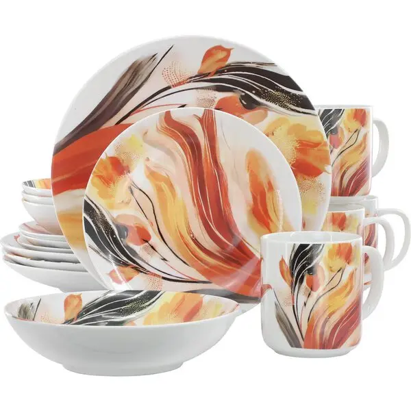 ELAMA Tulip Fields 16 Piece Round Porcelain Dinnerware Set - White