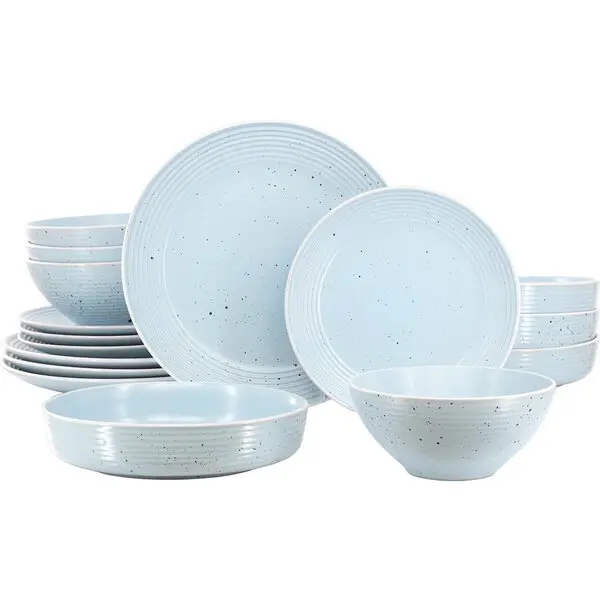 ELAMA Emilia 16 Piece Double Bowl Stoneware Dinnerware Set - White