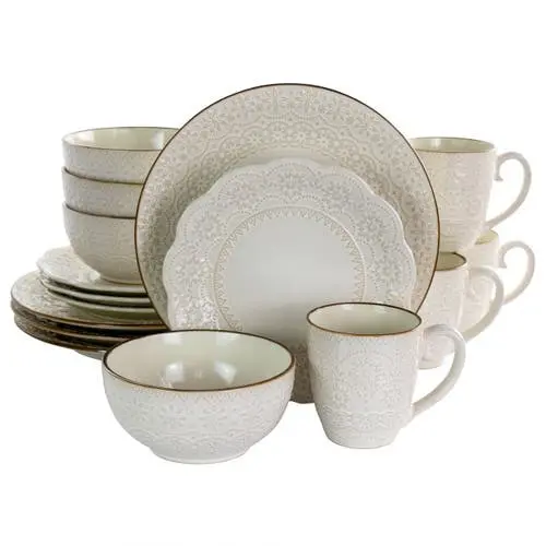ELAMA Contessa 16 Piece Embossed Scalloped Stoneware Dinnerware Set - White
