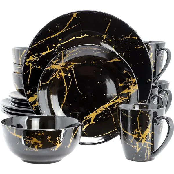 ELAMA Fine Marble 16 Piece Porcelain Dinnerware Set - Black