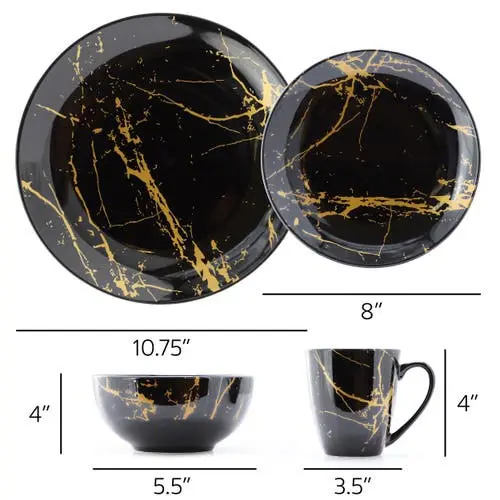 ELAMA Fine Marble 16 Piece Porcelain Dinnerware Set - Black