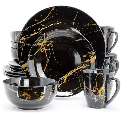ELAMA Fine Marble 16 Piece Porcelain Dinnerware Set - Black