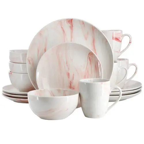 ELAMA Fine Marble 16 Piece Porcelain Dinnerware Set - Red