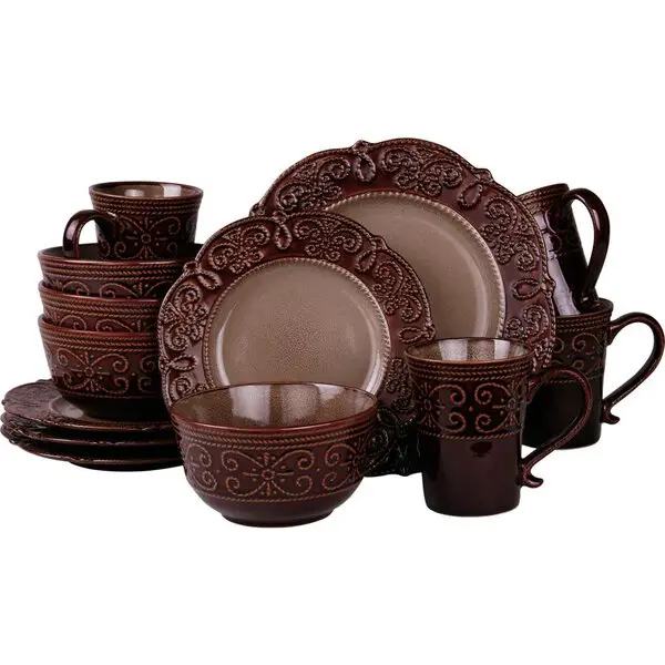 ELAMA Salia 16 Piece Stoneware Dinnerware Set - Brown