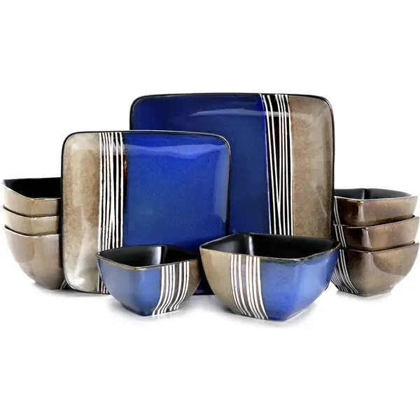 ELAMA Uptown Loft 16 Piece Double Bowl Stoneware Dinnerware Set With Service For 4 - Blue