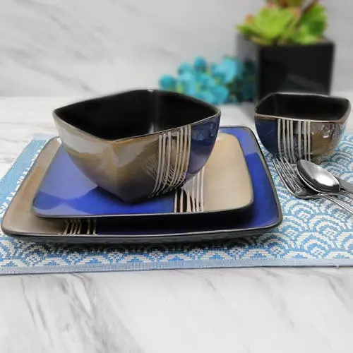 ELAMA Uptown Loft 16 Piece Double Bowl Stoneware Dinnerware Set With Service For 4