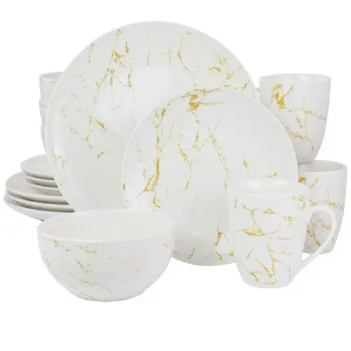 ELAMA Fine Marble 16 Piece Stoneware Dinnerware Set - White