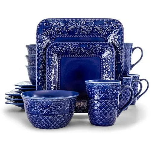 ELAMA Indigo Lotus 16 Piece Square Dinnerware Set