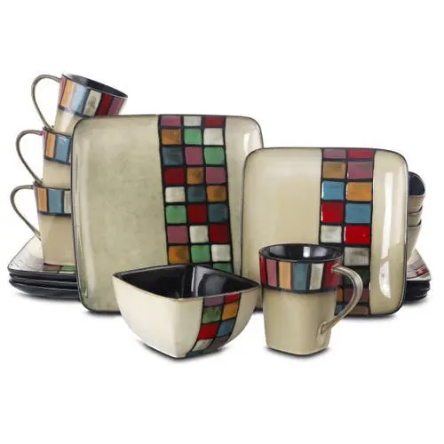 ELAMA Color Melange 16 Piece Multicolo Square Stoneware Dinnerware Set - Beige