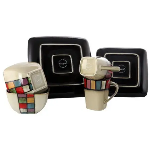 ELAMA Color Melange 16 Piece Multicolo Square Stoneware Dinnerware Set