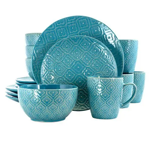 ELAMA Aqua Lily 16 Piece Luxurious Stoneware Dinnerware With Complete Setting For 4 - Blue