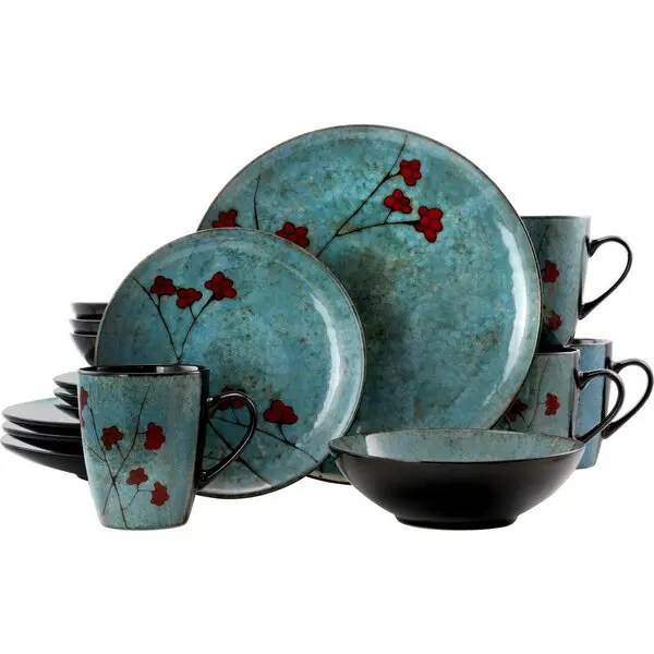 ELAMA Floral Accents 16 Piece Dinnerware Set - Blue
