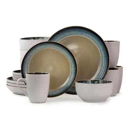 ELAMA Modern Dot 16 Piece Luxurious Stoneware Dinnerware With Complete Setting For 4 - Beige