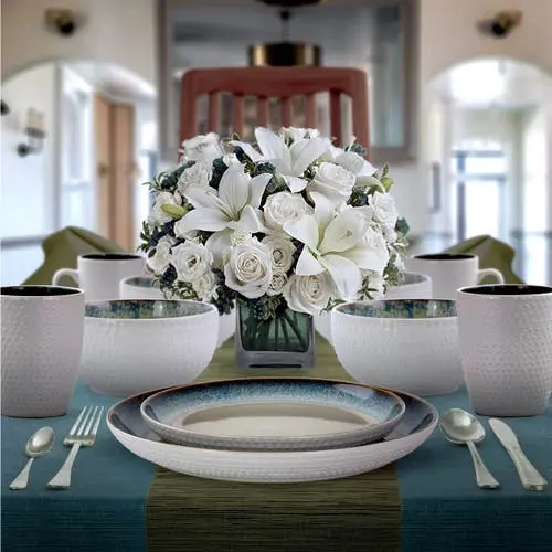 ELAMA Modern Dot 16 Piece Luxurious Stoneware Dinnerware With Complete Setting For 4