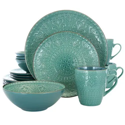 ELAMA Sea Foam Mozaic 16 Piece Luxurious Stoneware Dinnerware With Complete Setting For 4 - Green