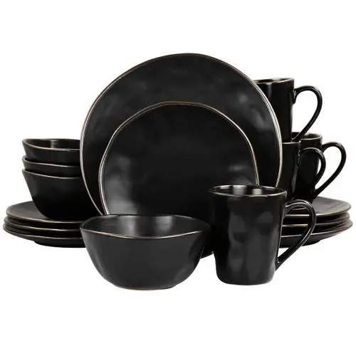 ELAMA Modern 16 Piece Stoneware Dinnerware Set - Black