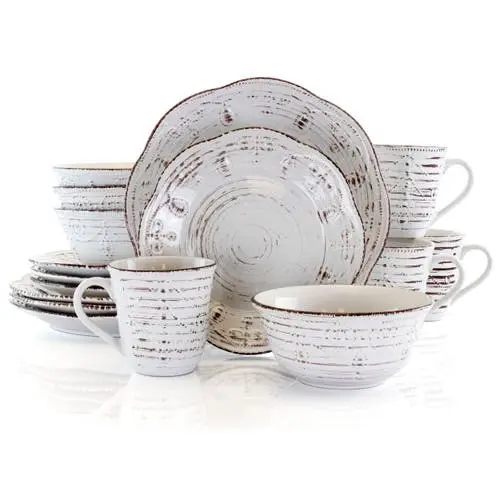 ELAMA Rustic Birch 16 Piece Stoneware Round Dinnerware Set - White