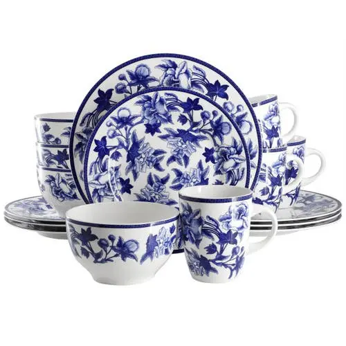 ELAMA Cattleya Orchid 16 Piece Round Porcelain Dinnerware Set - Blue